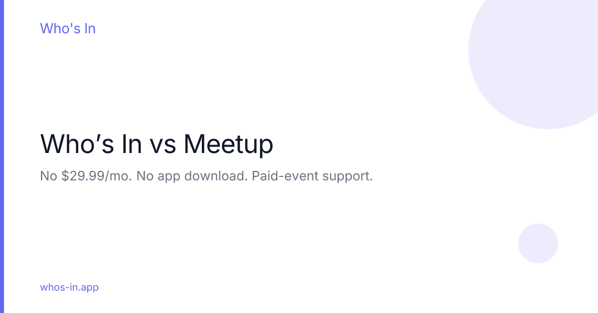 Meetup vs Who's In (2026) — Free vs $29.99/mo Fee